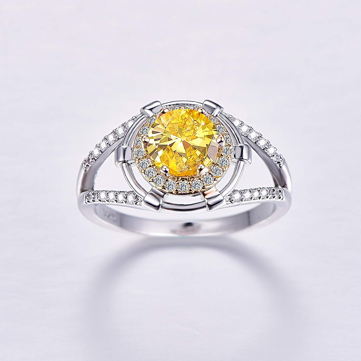 Emsione 925 Sterling Silver Plated Created Citrine Round CZ Cut Halo with Round Side Stones Eternity Ring Anniversary Wedding Engagement Band Ring Size 8 Color Yellow