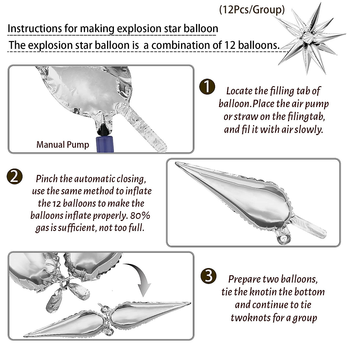 Moukiween 50 Pcs Explosion Star Foil Balloons- 12 Point Star Balloons,Silver Starburst Cone Mylar Balloons Spike Balloons for Party Supplies Christmas Birthday Wedding Baby Shower Photo Booth