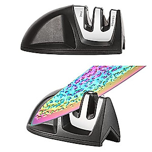 Rainbow Titanium Knife Set, Non Stick Thick and Sharp Stainless Steel Kitchen Knives Set with Acrylic Block, 15 Pcs Cutlery Knives Block Set, Chef Quality for Home & Pro Use, Best Gift, Pink Color