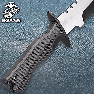 USMC Operation Mako Knife | 10 3/4" Full-Tang Stainless Steel Blade | Sawback and Partial Serrations | Hard TPU Handle | Nylon Belt Sheath | 16 1/2" Overall Length