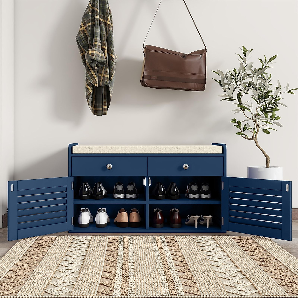 WARMHONIU Shoe Storage Bench with 2 Drawers & 2 Doors, Entryway Bench with Cushion, 2 Adjustable Shelves, Shoe Cabinet with Storage Space for Entryway, Living Room, Hallway, Mudroom, Bedroom, Blue