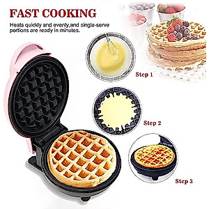 Mini Maker Waffle Maker 5“ Non-Stick Waffler Iron Stuffler Stuffed Wafflera Adjustable Browning Control, Heart, Pink