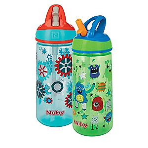 Nuby 2 Pack Iridescent Flip-it Kids On-The-Go Printed Water Bottle with Bite Proof Hard Straw - 18oz / 540 ml, 18+ Months, 2 pk Prints May Vary