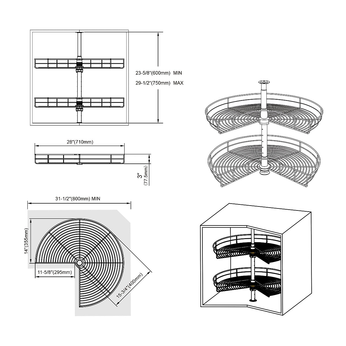 Dowell 28" Kidney Chrome 2-Shelf Lazy Susans Kitchen Base Cabinet Corner Organizer