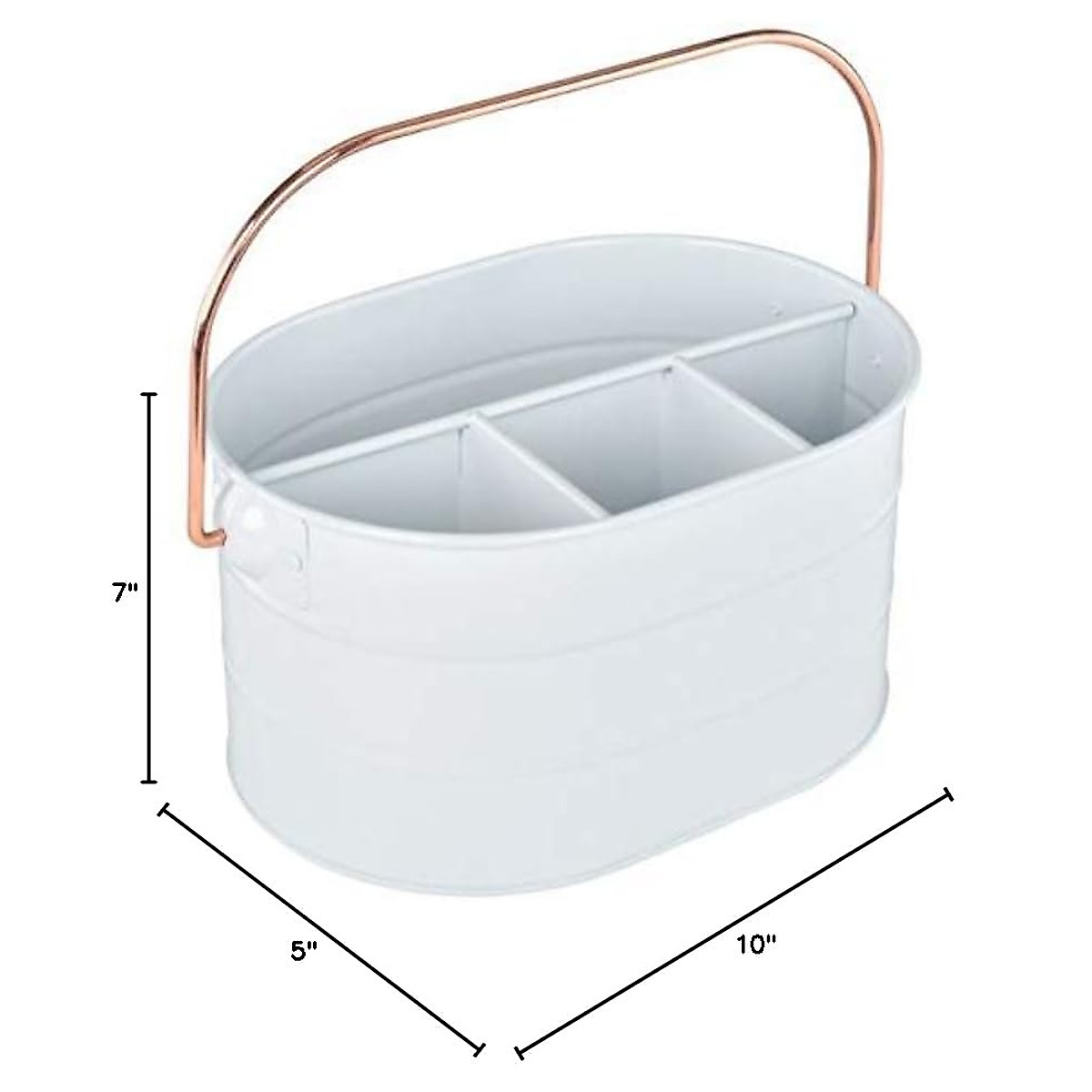 Red Co. 10" x 7" Enameled Metal Utensil Caddy & Countertop Flatware Organizer with Handle, Farmhouse White/Rose Gold