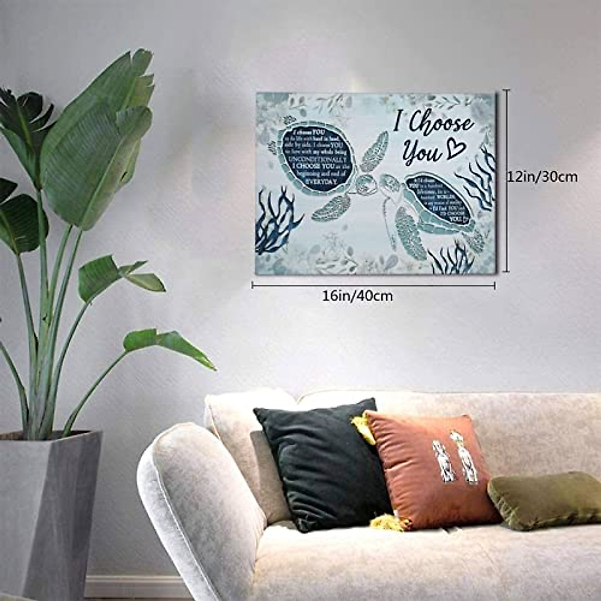 GRYTAPA Sea Turtle Bathroom Decor Sea Turtle Wall Art Ocean Theme Canvas I Choose You Poster Flowers Background Picture Couple Canvas Painting For Living Room Bedroom Framed Home Decoration 16"x12"