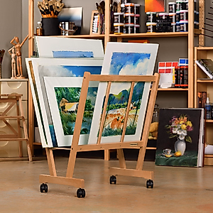 Creative Mark Firenze Wood Large Print Rack with Castors - Perfect for Display of Canvas, Art, Prints, Panels, Posters, Art Gallery Shows, Storage Rack - Natural
