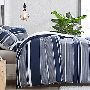 CozyDH Cotton Duvet Cover King - 100% Cotton 400TC Navy Blue Duvet Cover King Size, Soft and Breathable King Duvet Cover Set for All Season, Striped Pattern 3pcs Bedding Set (King, 104"x90")