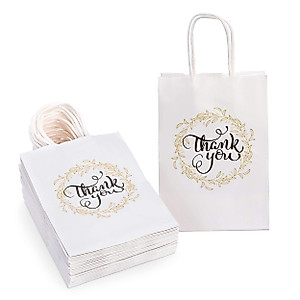 OSpecks 50 Count Small Thank You Gift Bags Bulk with Handles, White Kraft Paper Bags for Retail Shopping, Wedding, Goodies, Merchandise for Customers or Guests, Size 5.25 x 3.75 x 8 Inches