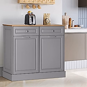Anbuy Double Kitchen Trash Cabinets Dual Tilt Out Trash Cabinet with Two Solid Wood Hideaway Trash Holder Drawers, Free Standing Recycling Cabinet Trash Can Holder (Dual Gray)