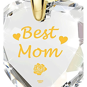 Best Mom Heart Necklace for Mother's Inscribed in 24k Gold with Rose Flower on Crystal Cubic Zirconia Heart-Shaped Romantic Pendant for Her, 18" Chain