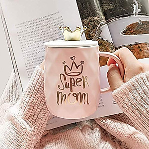 Mug for Mom with Crown Cute Coffee Ceramic Cup Unique Gift for Women Queen Wife Grandma Girlfriend Daughter Mother's Day - 15oz with Lid & Spoon (Super Mom)