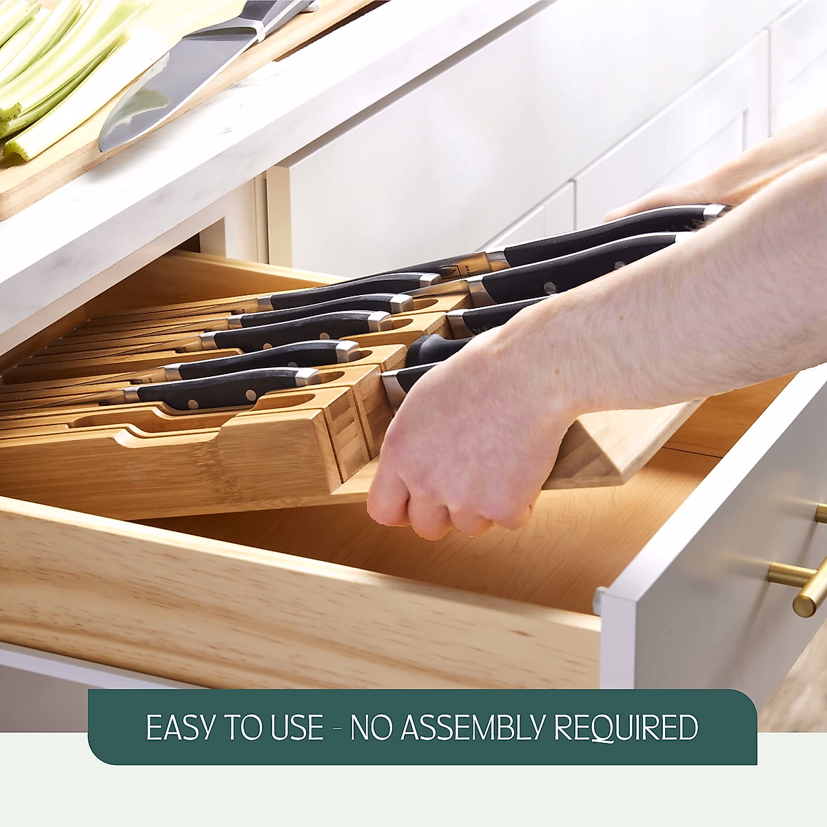 High-Grade 100% Bamboo Knife Drawer Organizer - 12 Knife Slots Plus a Sharpener Slot, Knife Organizer for Kitchen Organization, Durable, Secured, Practical, Eco-Friendly, Knife Block without Knives.
