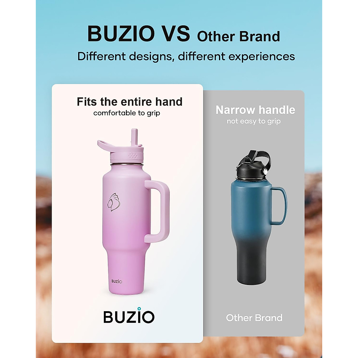 BUZIO 40oz Water Bottle Fits in Cup Holder, Insulated Tumbler with Handle, Water Flask with Lid for Cold Hot, BPA-Free Sweat-Proof Wide Mouth Travel Mug for Sports, Gift for Him Her, Gradient Purple