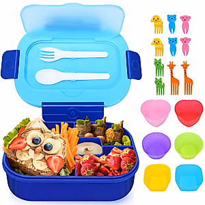 Lunch Box Kids, Bento Lunch Box for Kids Adult, Lunch Box Containers for Girls Boys Teen, 1300ML 4 Compartment Bento Box w/ Food Picks Cake Cups, Microwave/Dishwasher/Freezer Safe, BPA Free, Blue
