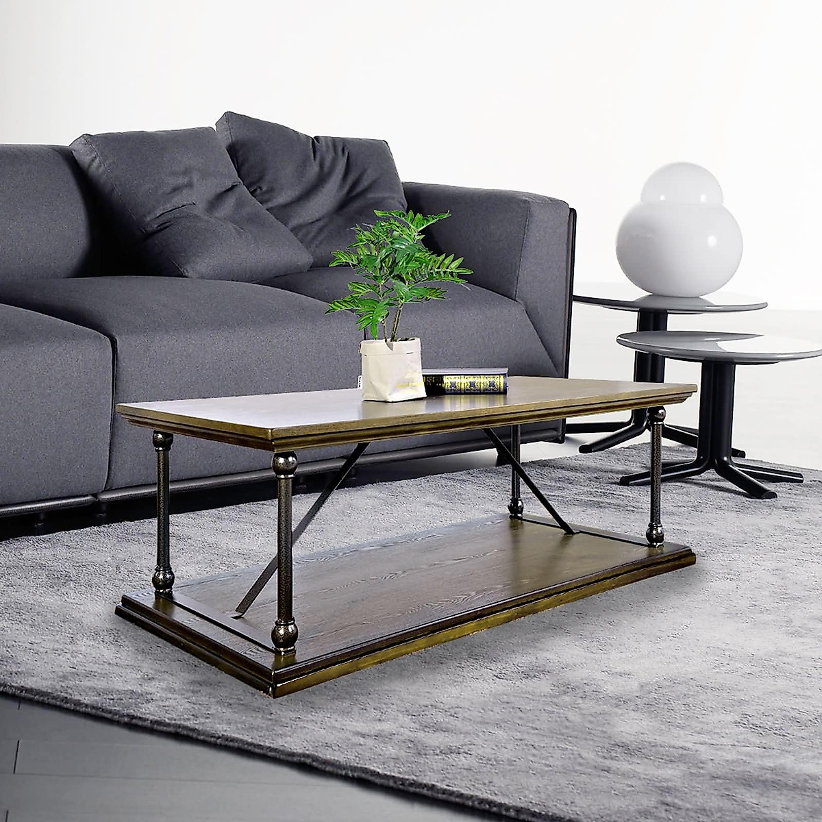 Coffee Table Modern, 47.2" W x 23.6" D x 16.9" H Country Style Coffee Table with Bottom Shelf - Brown & Black
