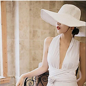 1Pcs Women Wide Brim Straw Hat Foldable Beach Floppy Sun Hat White