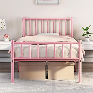 Yaheetech Twin Size Bed Frame Metal Platform Bed Frame Mattress Foundation with Spindle Headboard & Footboard/No Box Spring Needed/14 Inch Underbed Storage/Firm Support & Easy Set up Structure, Pink