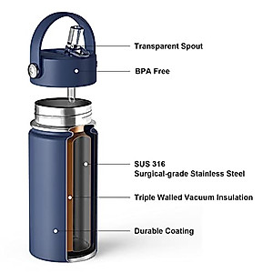 Oisiz Kids Water Bottle with Straw Lid 14oz, Vacuum Insulated 316 Stainless Steel Water Bottles for Kids for School, Leakproof Toddler Water Bottle, BPA Free and Keep Cold for 24 Hours, Navy Blue