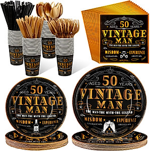 Weewooday 400 Pcs Vintage 50th Party Tableware Set 50th Theme Birthday Party Table Supplies Plates Cups Napkin Knife Spoon Fork Straw for Birthday Party Wedding Anniversary Decoration