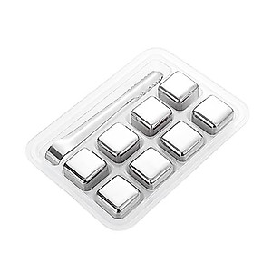 8 Pieces Stainless Steel Whiskey Cooling Stone, Reusable Ice Cube, High Cooling TechnologyFor Whiskey, Vodka, Liqueur, Wine, Beverage Juice Or Soda, Tray With Clamps and Ice Cube