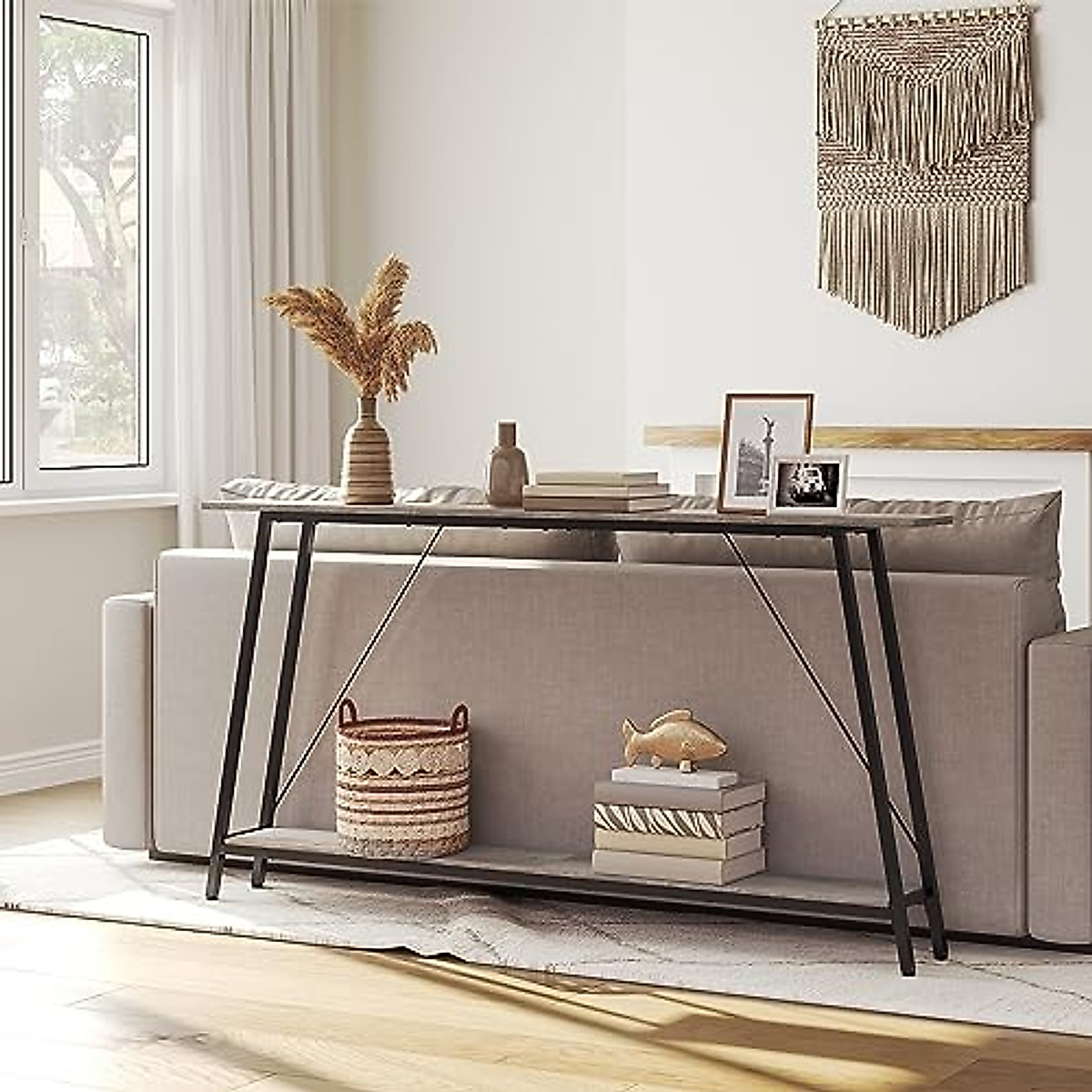 YATINEY 63" Console Table, Narrow Long Entryway Table, Industrial Skinny Sofa Tables, 2-Layer Hallway Table for Entryway, Display Table Behind Couch, Greige and Black CT16BG
