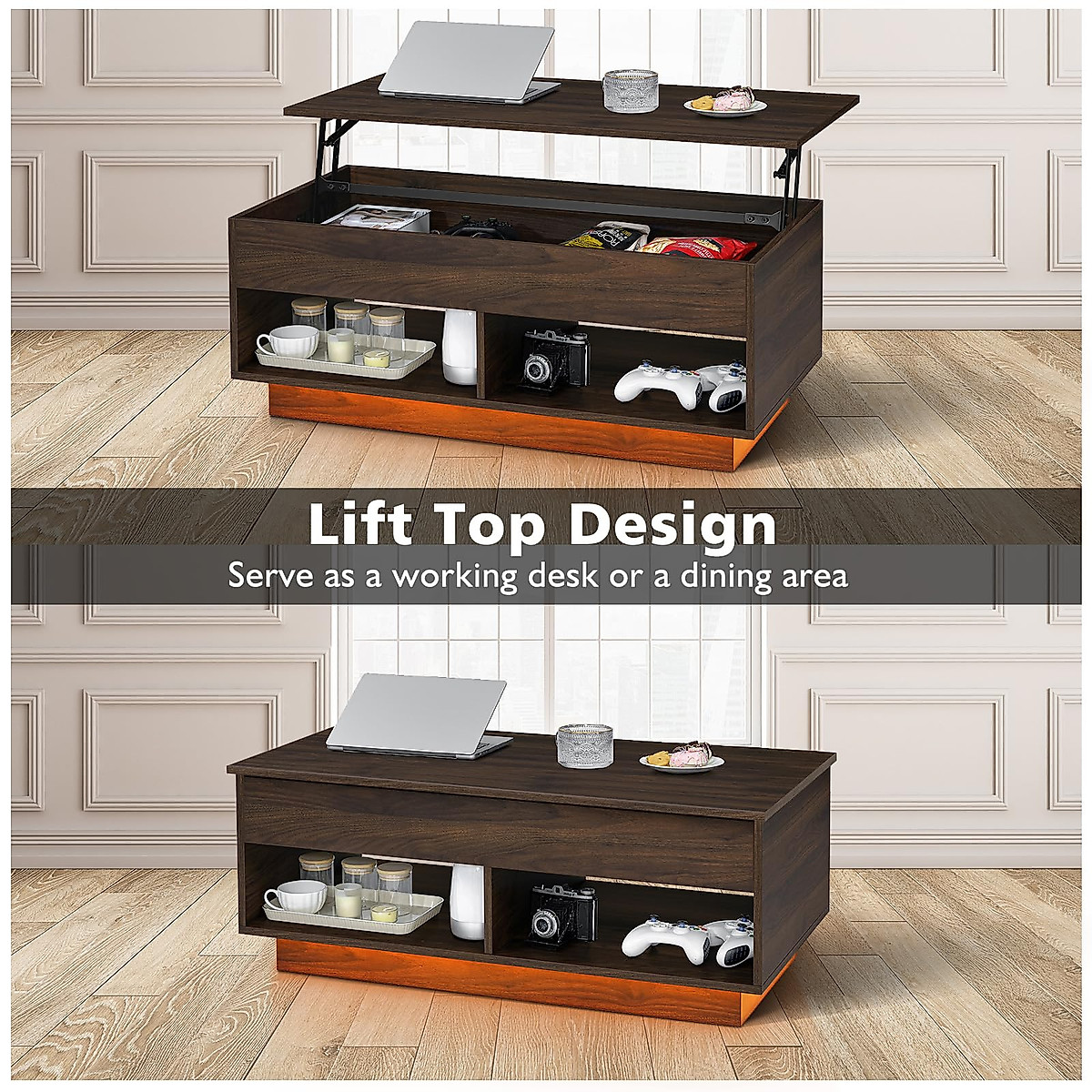 HOMMPA Lift Top Coffee Table with Hidden Storage LED Coffee Table Dark Walnut Living Room 3 Tiers Tea Table with Storage Center Tables Hidden Compartment & 2 Open Shelves