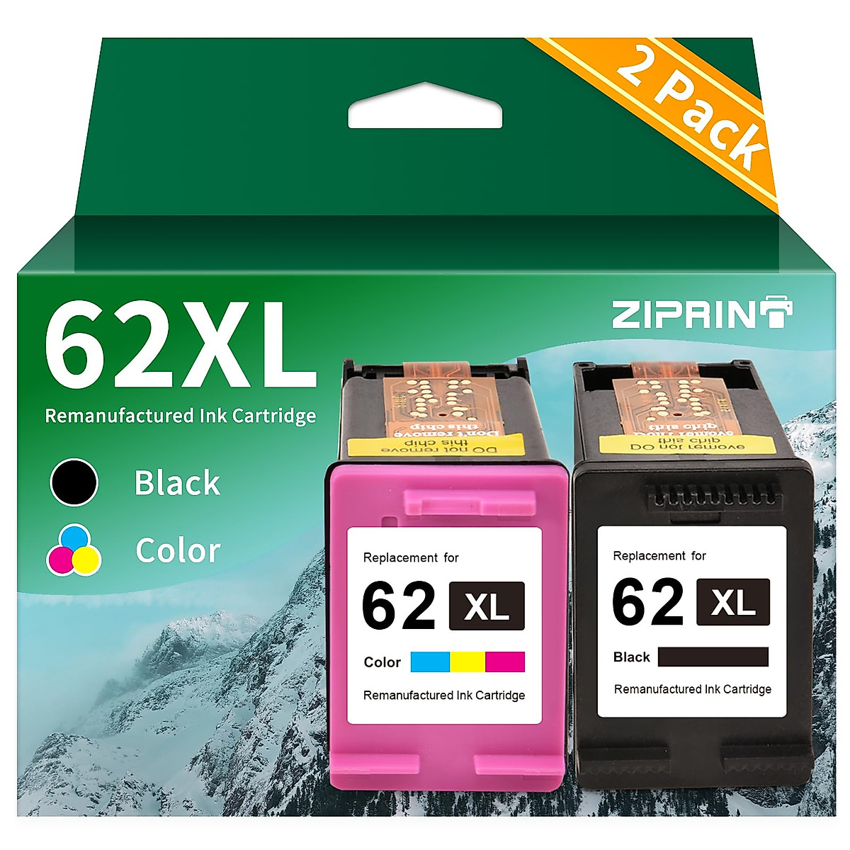 ZIPRINT 62XL Remanufactured Ink Cartridge Replacement for HP Ink 62 62XL Ink Cartridge Combo Pack for Envy 7640 5660 5540 7645 5640 OfficeJet 200 250 5740 5742 8040 (2 Pack) 62XL Black and Clolor
