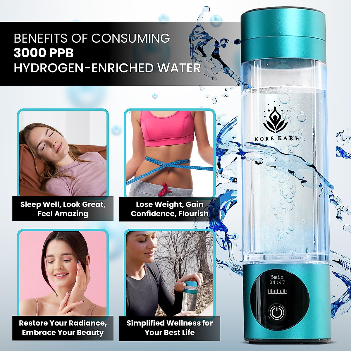Hydrogen Water Bottle, Hydrogen Water Bottle Generator Produces Pure Hydrogen Water, SPE/PEM Technology, OLED Display, Purification Vent, Generates up to 5500 PPB, Best Hydrogen Water Generator.