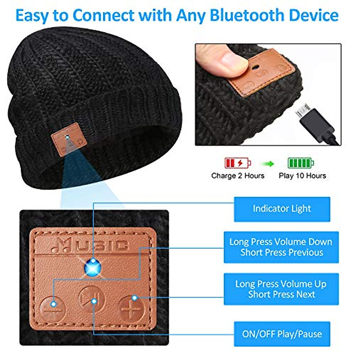 Beanie Hat Compatible with Bluetooth Headphone Ponytail Warm Beanies for Women Built-in Microphone (Black)