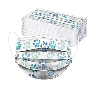 Paw Print Disposable_mask for Women with Design Cat Dog Paw Print Patterned Paper_mask with Breathable 3 ply Adjustable (50 Pack, C)