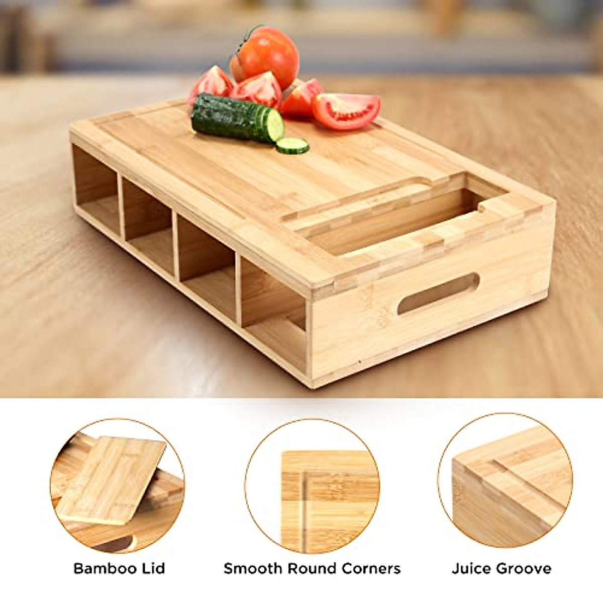 Cutting Board with Containers, Veelink Large Bamboo Wood Chopping Storage Station with 4 Trays and Lids Graters Set for Easy Food Prep and Clean Home Kitchen