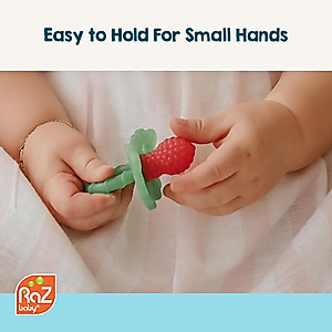 RaZbaby RaZberry Silicone Baby Teether Toy - Berrybumps Soothe Babies Sore Gums - Infant Teething Toy - Hands Free Design - BPA Free - Easy-to-Hold Design - Teething Relief Pacifier - Fruit Shape/Red