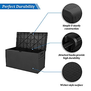 VINGLI Upgraded 120 Gallon Outdoor Storage Box, Lockable Plastic Storage Containers with Lid, Rattan Grain Surface Deck Box Patio Furniture for Garden, Pool, Balcony, Yard (Black)