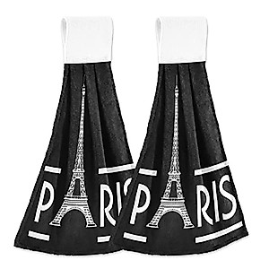 ALAZA Paris Eiffel Tower France Black 2 Pack Hand Towels Hanging Towel Absorbent Soft for Kitchen Bathroom 14 x 18.2 Inches