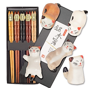Chopsticks and Chopstick Holder, Cat Chopstick Holder | Japanese Style Chopsticks | Lucky Cat Chopsticks Rest Holder 5 Cats | Lucky Cat Chopsticks, Japanese Chopstick with Lucky Cat Rest
