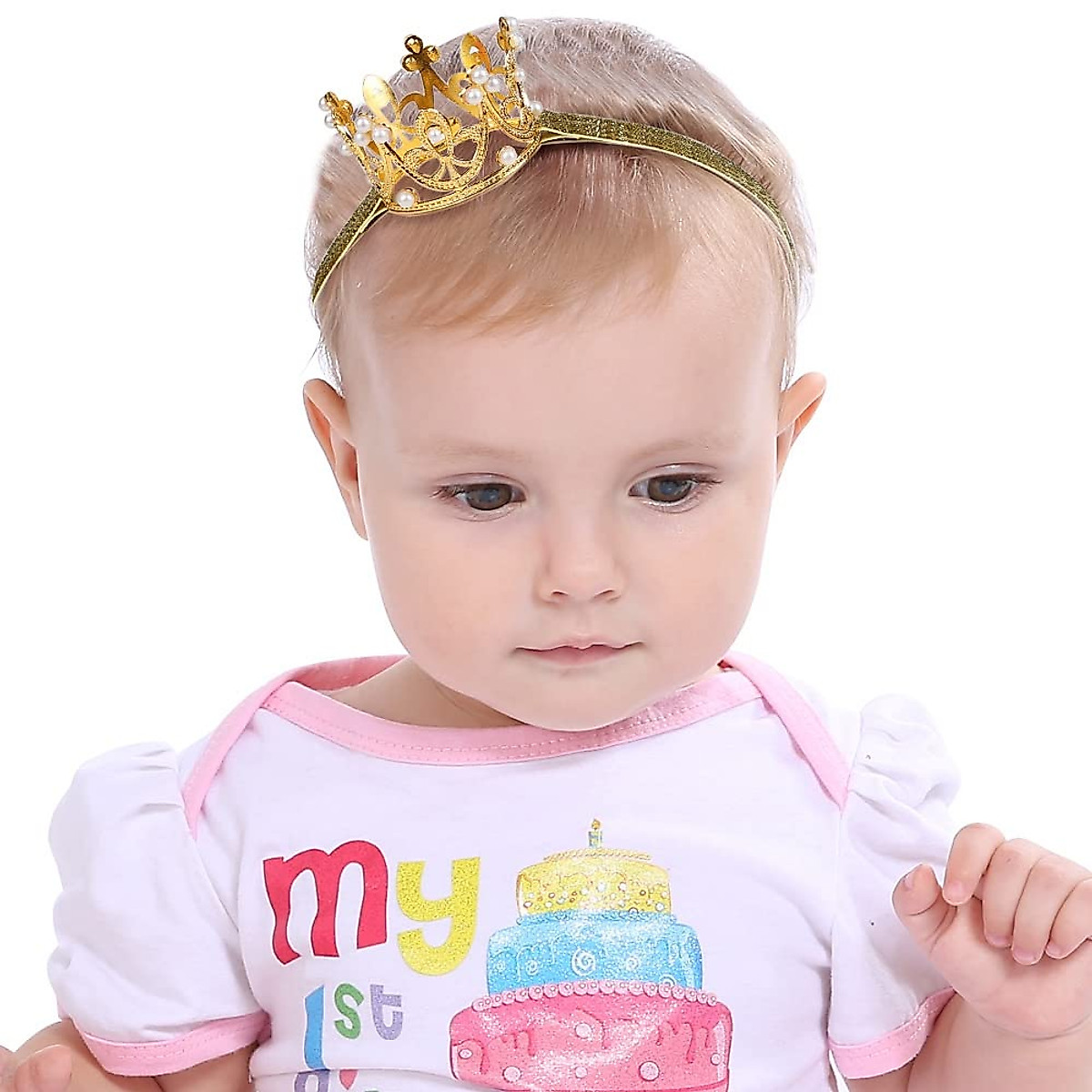 Nishine 2 pieces Baby Girls Crown Headband Princess Tiara Headdress Set Toddler Elastic Head Band (Gold/Silver)