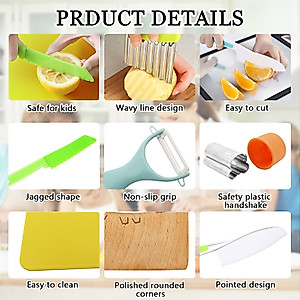 RISICULIS 11 Pieces Wooden Kids Kitchen Knife, Kids Knife Set Include Wood Kids Safe Knife, Serrated Edges Plastic Toddler Knife, Crinkle Cutter, Sandwich Cutter, Y Peeler, Cutting Board (Crocodile)