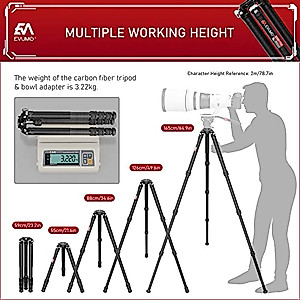 64.9'' Professional Heavy Duty Bowl Carbon Fiber Tripod, EVUMO 10-Layer Carbon Fibre Tube Camera Video Tripod for DSLR Digital Camcorder, with 40mm Leg & 75mm Bowl Adapter, Max Load 88lbs/40kg