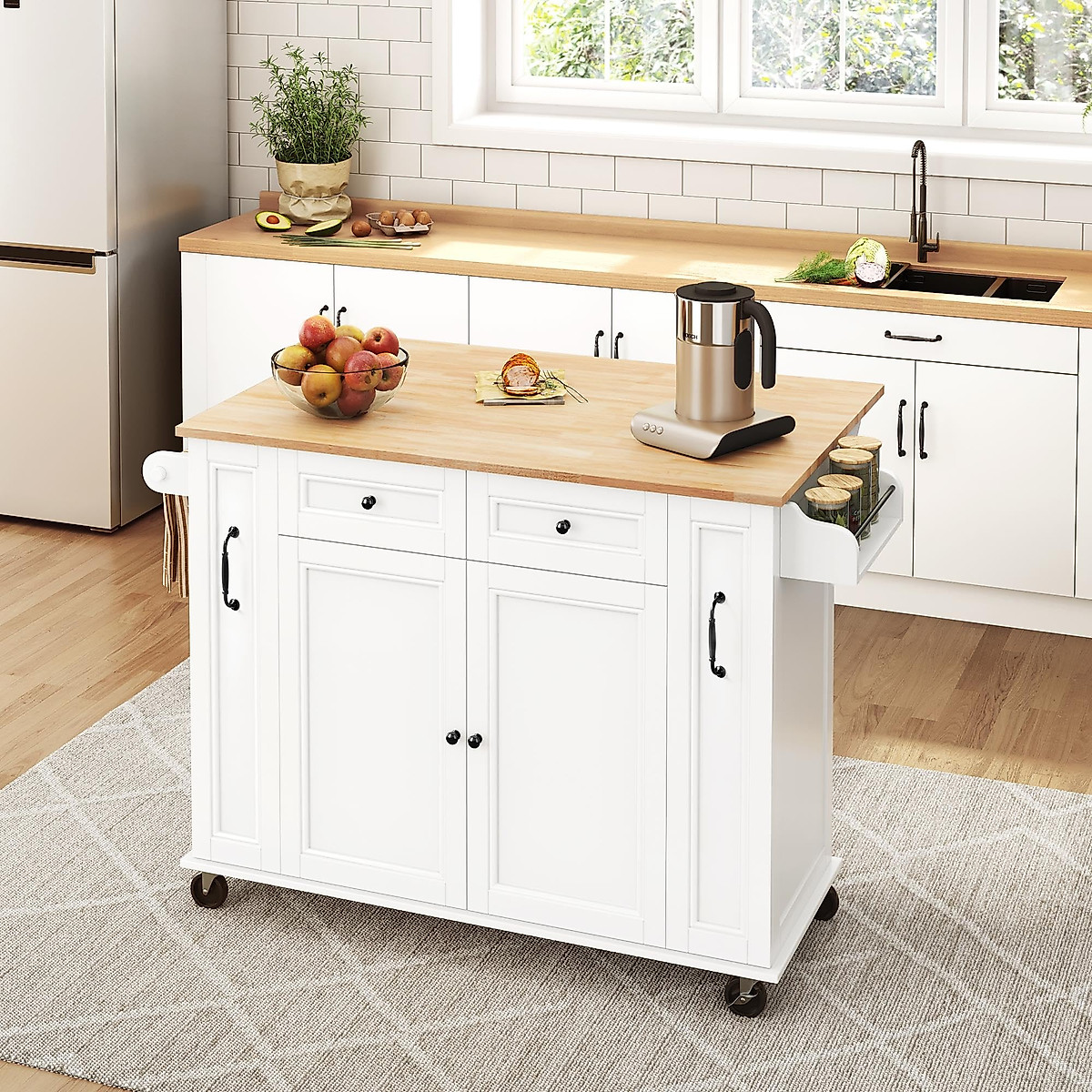 Topeakmart Kitchen Cart with Drop-Leaf Rubberwood Top, Rolling Kitchen Island with 2 Side Pull-Outs & 2 Drawers & Spice Rack, Kitchen Storage Cabinet on Wheels for Dinning Room, 52 Inch Width, White