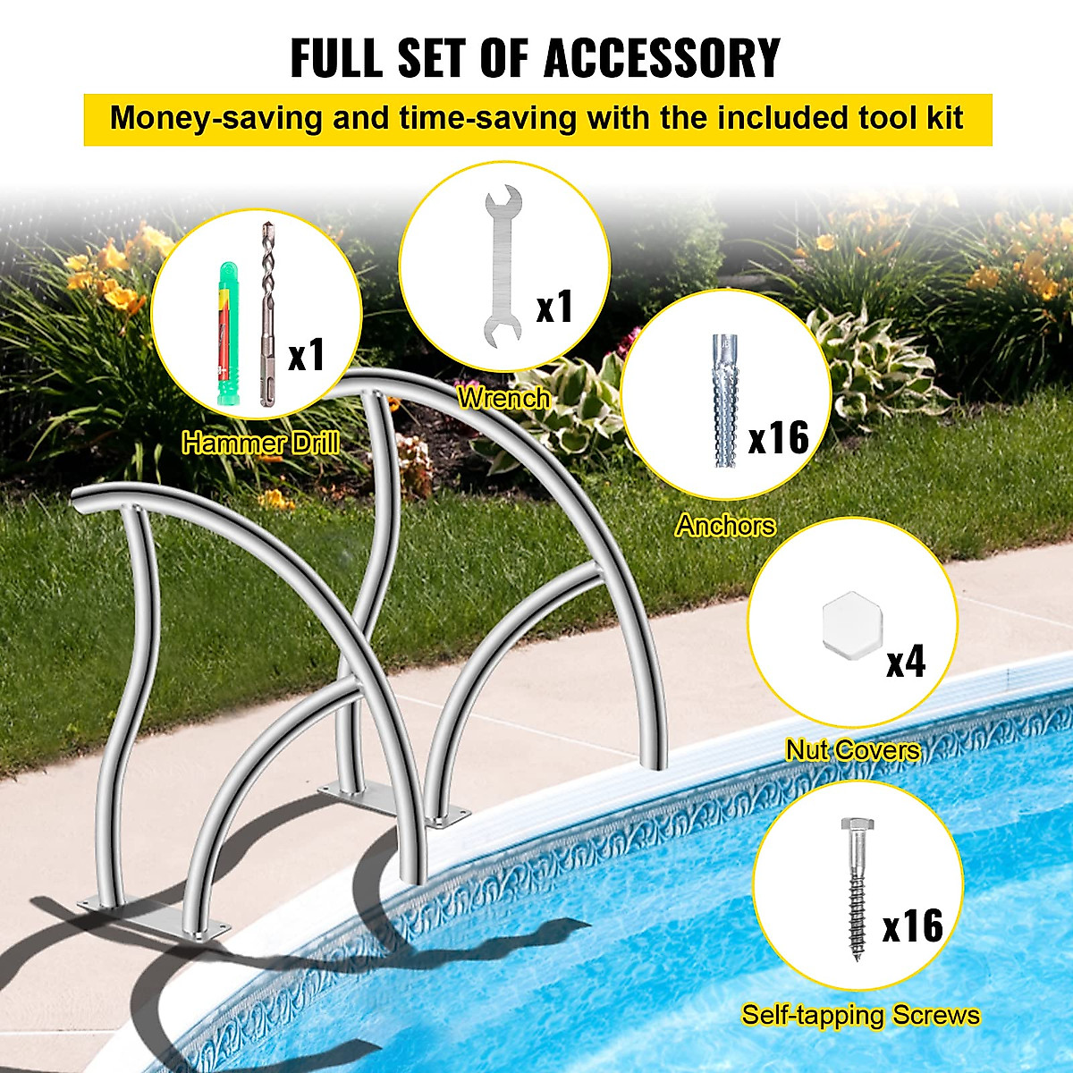 VEVOR Pool Handrail, 2Pack 30"x30" Swimming Pool Stair Rail, 304 Stainless Steel Stair Pool Hand Rail Rated 375lbs Load Capacity, Pool Rail with Quick Mount Base Plate, and Complete Mounting Accessory