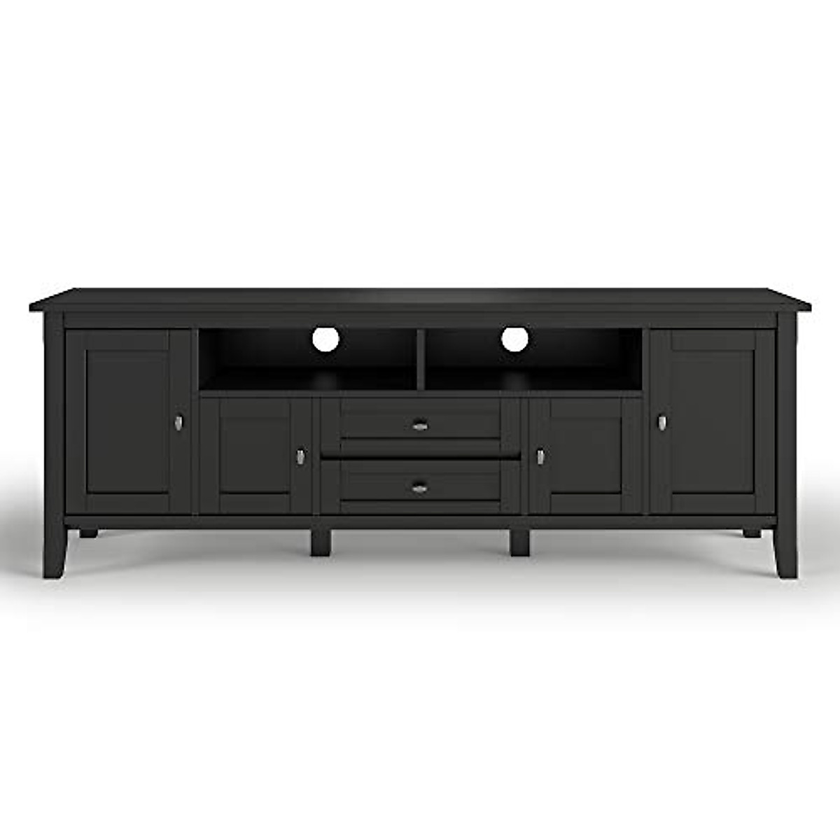SIMPLIHOME Warm Shaker Style Solid Wood TV Media Stand, 72 inch Wide, Farmhouse Rustic, Living Room Entertainment Center, Storage Shelves and Cabinets, for Flat Screen TVs up to 80 inches in Black