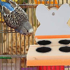 Parrot Mirror with Water Food Bowl Wood Holder Cage Accessory Feeding Bowl Parakeet Toys