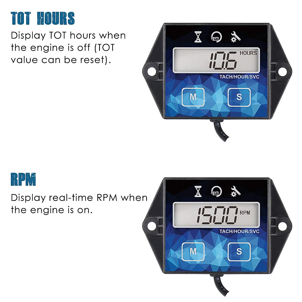 Runleader Small Engine Hour Meter, Digital Tachometer, Maintenance Reminder, Battery Replaceable, User Shutdown, Use for ZTR Lawn Mower Tractor Generator Marine Outboard ATV (1)