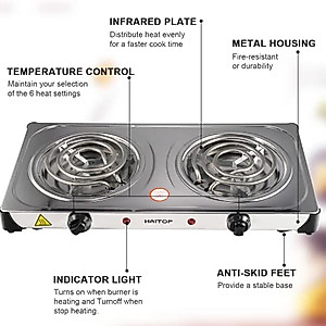 HAITOP Countertop Burner Electric Double Burners 2000 Watts Electric Hot Plate Temperature Controls Power Indicator Lights Easy to Clean