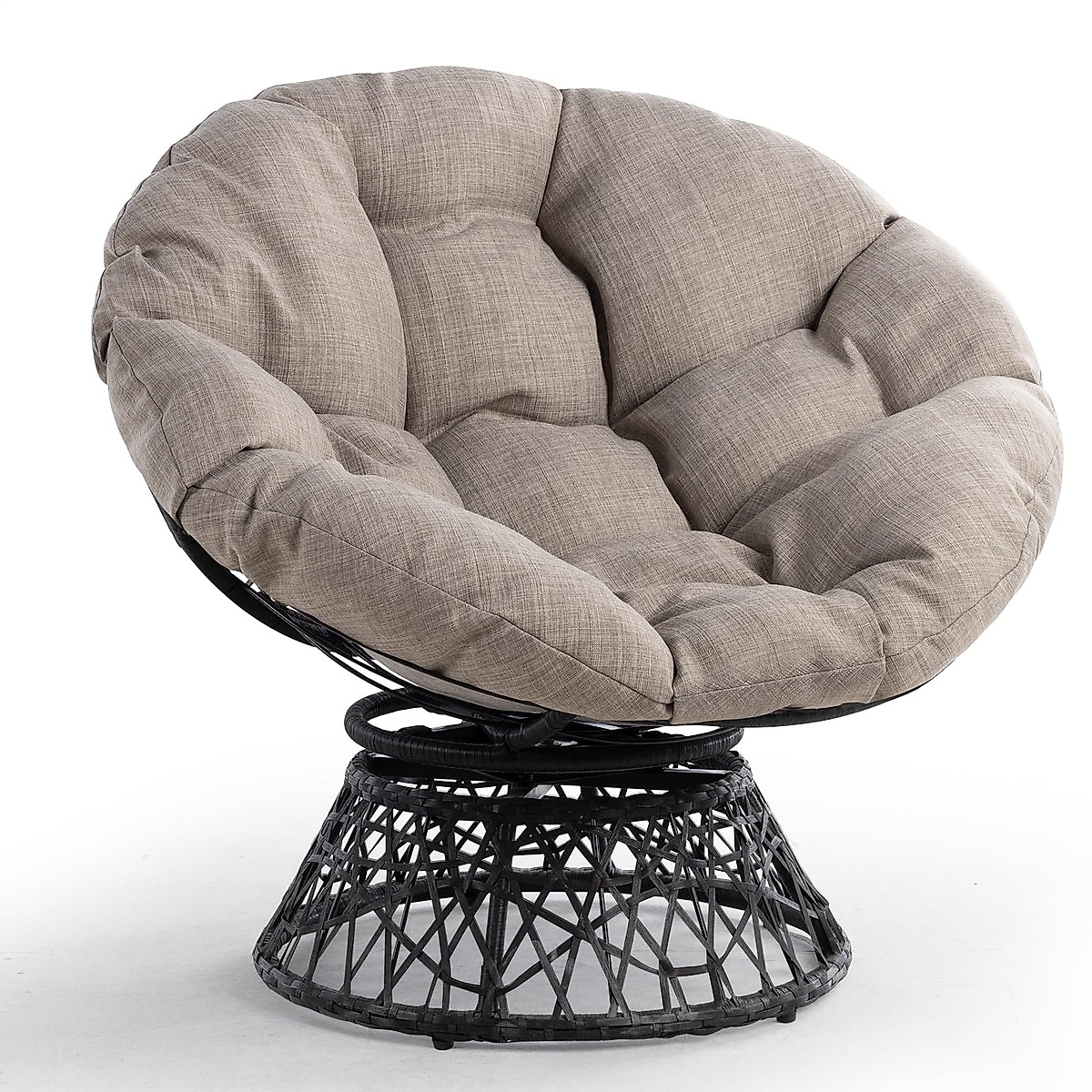 Bme 40" Ergonomic Wicker Papasan Chair with Soft Thick Density Fabric Cushion, High Capacity Steel Frame, 360 Degree Swivel for Living, Bedroom, Reading Room, Lounge, Silver Cloud - Black Base
