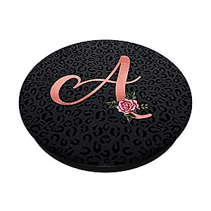 Black Leopard Cheetah Letter A Initial Monogram Pink Rose PopSockets PopGrip: Swappable Grip for Phones & Tablets
