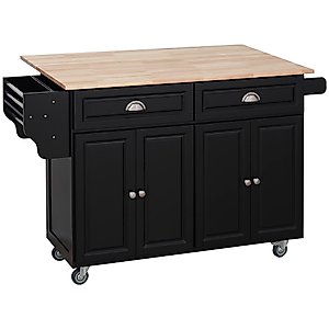 HOMCOM Rolling Kitchen Island Cart with Drop Leaf, Kitchen Cart on Wheels with Rubber Wood Top, 2 Drawers and 2 Storage Cabinets, Island Table for Kitchen, Dining Room, Black