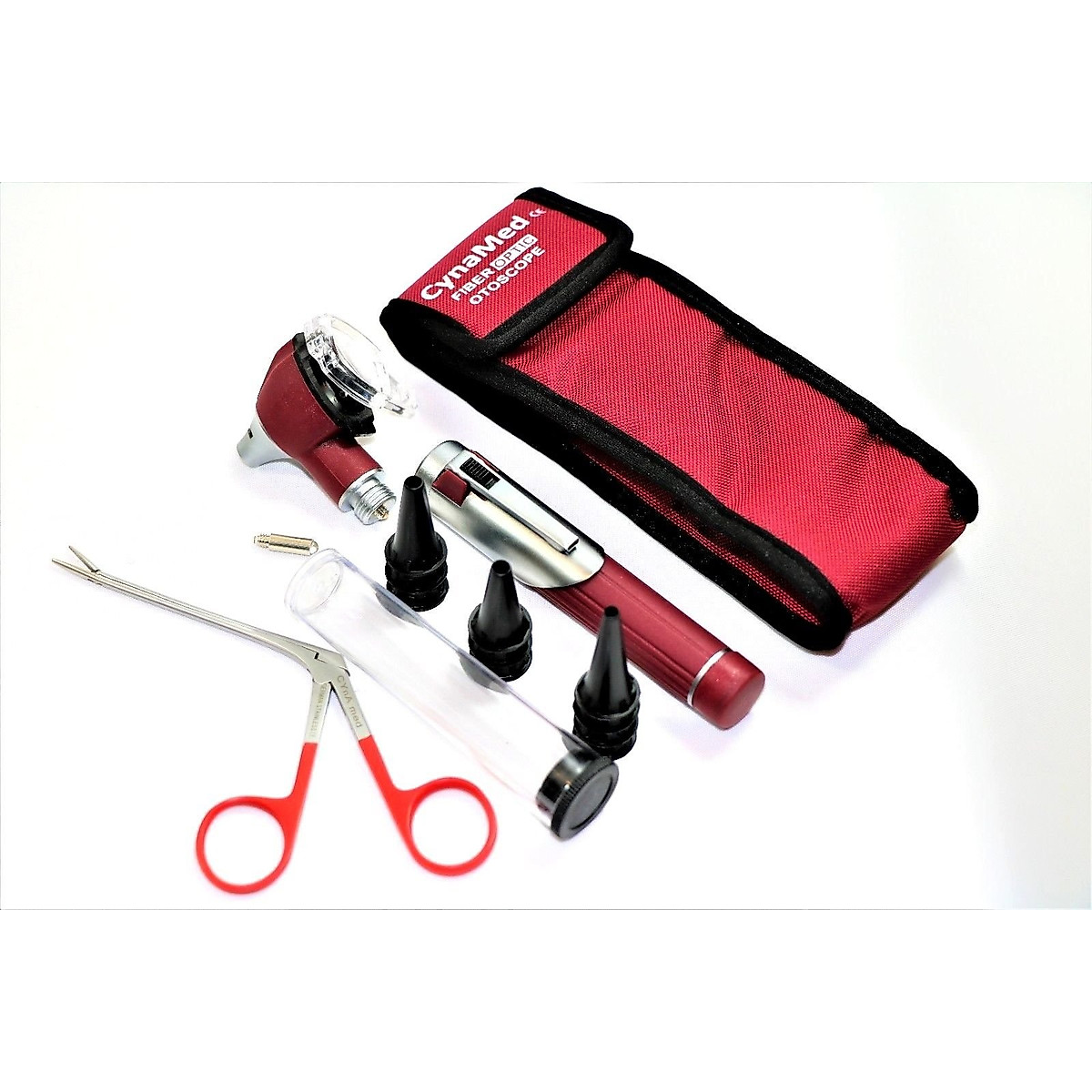 Premium Student Home Use Led Bright Light ENT Diagnostic Otoscope Pocket Size Burgundy Plus Alligator Ear Nose Forceps Plus 1 Extra Replacement Bulb Cynamed