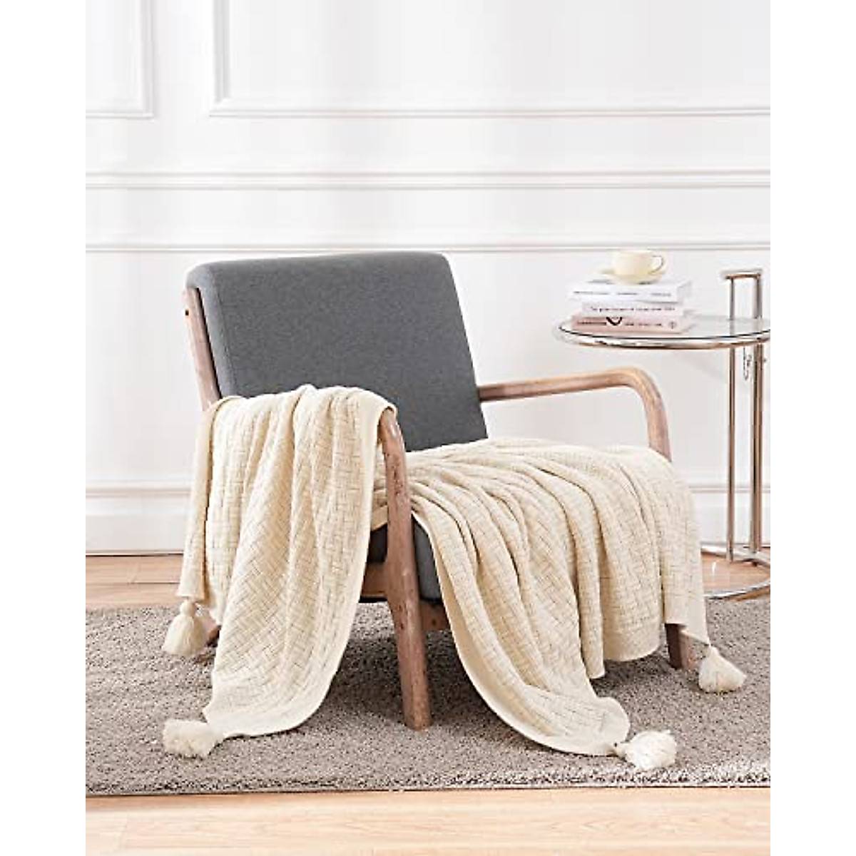 MsteaBenago Crochet Beige White Thick Knitted Blanket,100% Cotton Cable Knit Throw Blanket for Chair,Bed, Sofa & Living Room,Extra Cozy, Machine Washable, Home Decor,Weight:4.87lb.